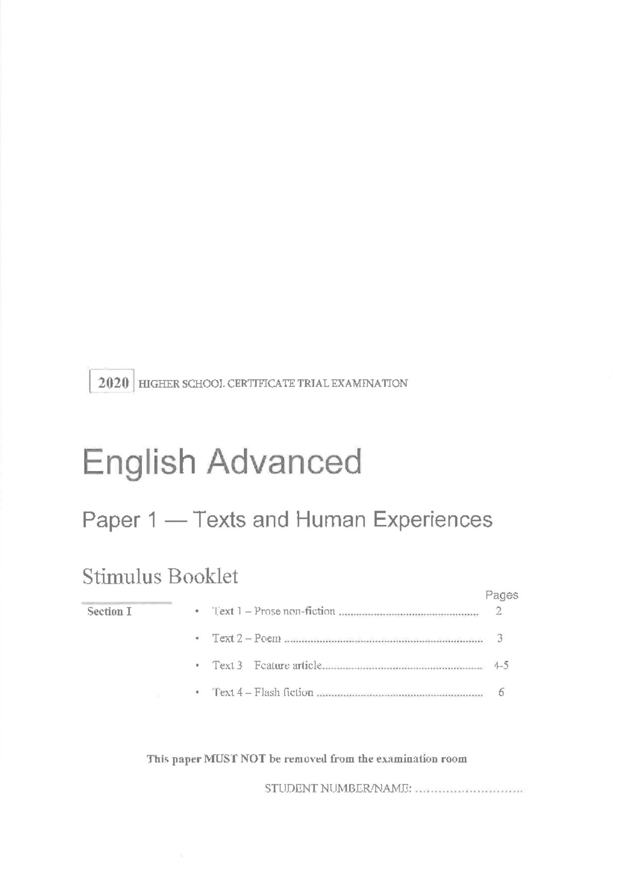 2020 HSC Trial Exam: English Adv Paper 1 - Texts & Human Experiences ...