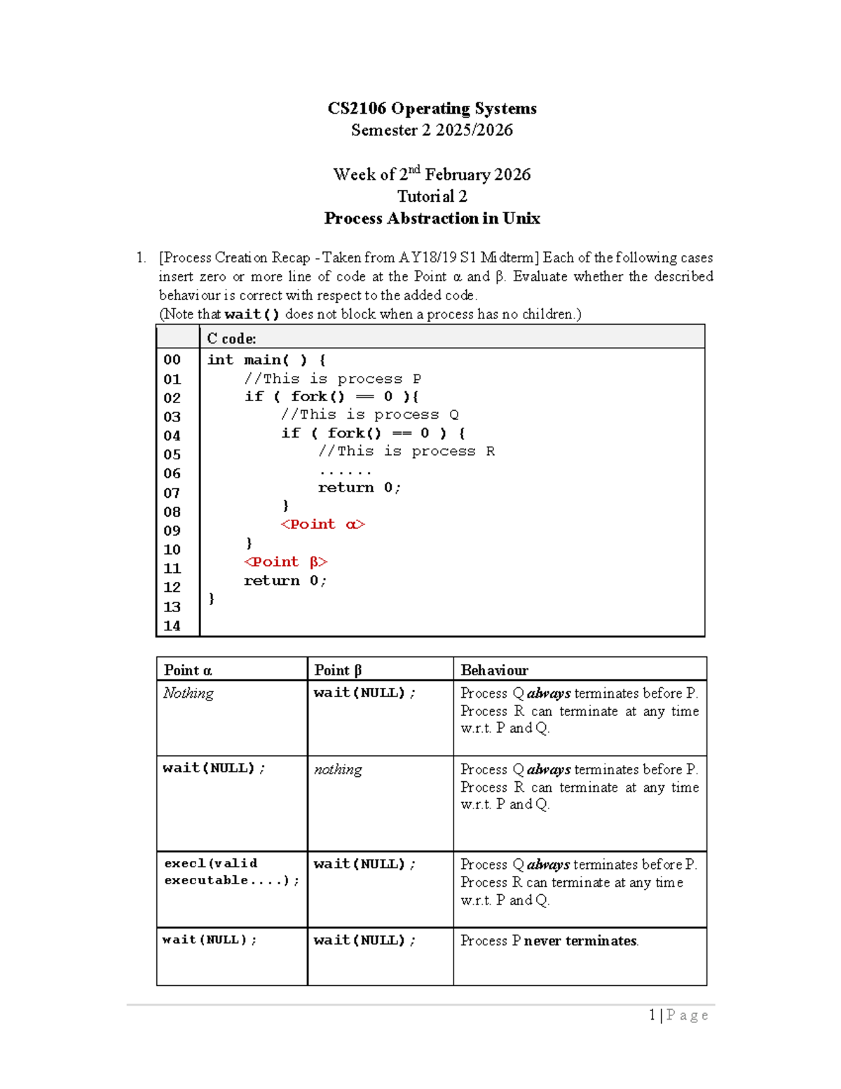 CS2106 Tutorial 2: Process Abstraction in Unix - Week of Feb 2, 2026 - Studocu