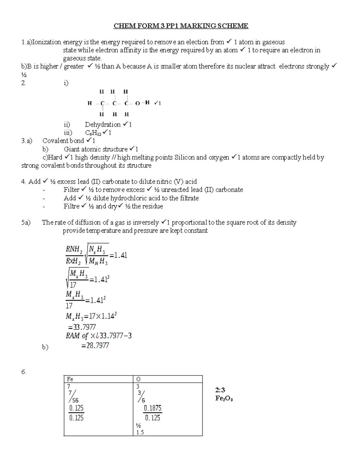 CHEM FORM 3 P1 MARKING SCHEME: Ionization, Bonds, and Reactions - Studocu