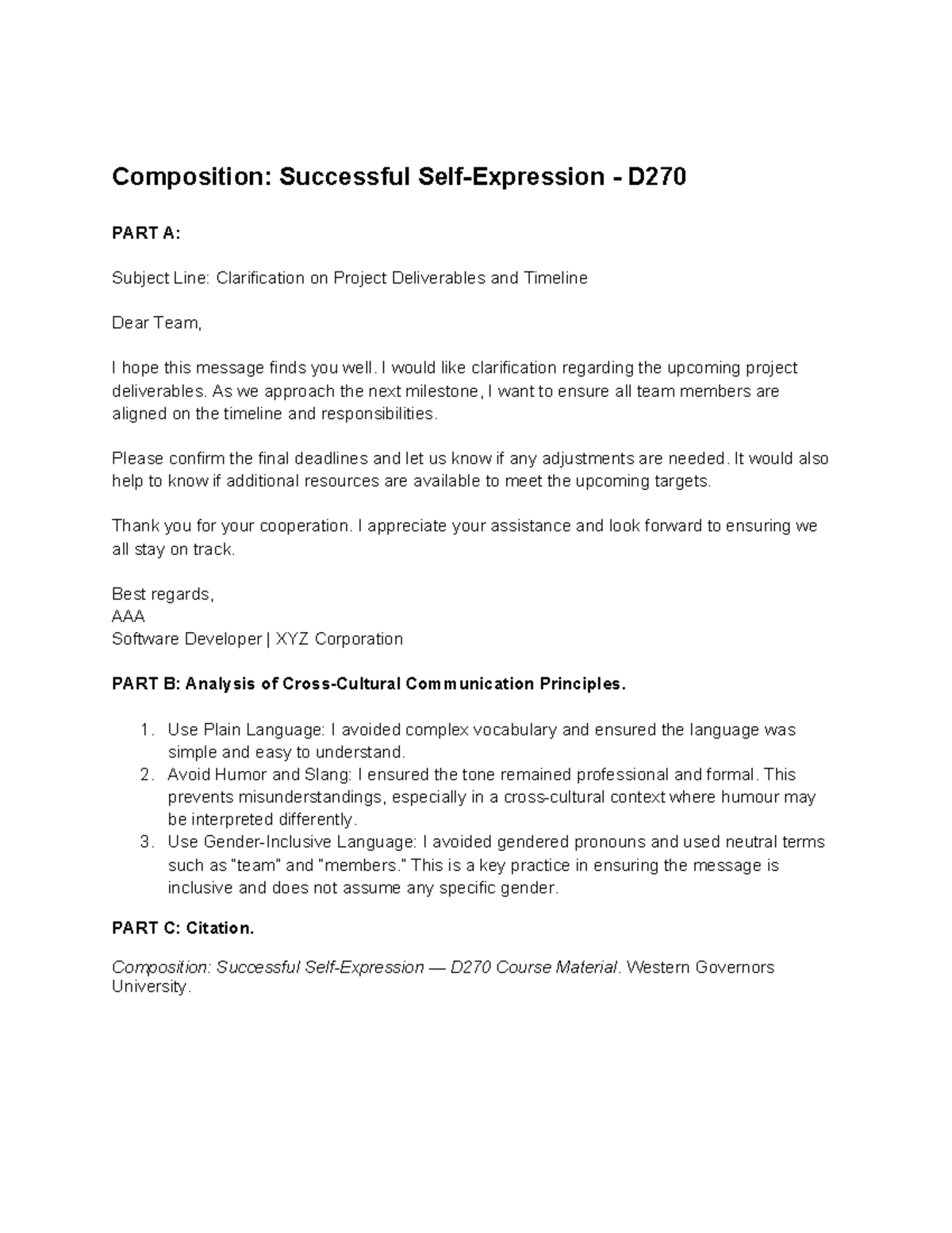 D270 Task 1 - Clarification on Project Deliverables and Communication ...