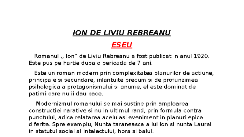 Eseu despre Romanul "Ion" de Liviu Rebreanu - Studocu