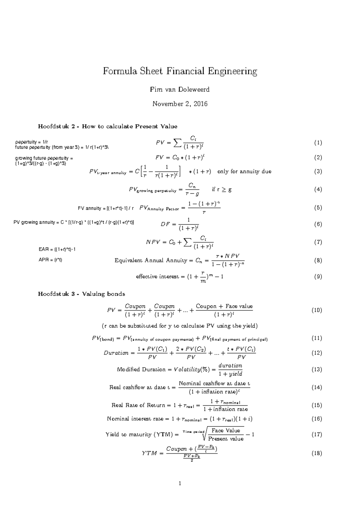 Formula Sheet for Financial Engineering (FIN 101) - Studeersnel