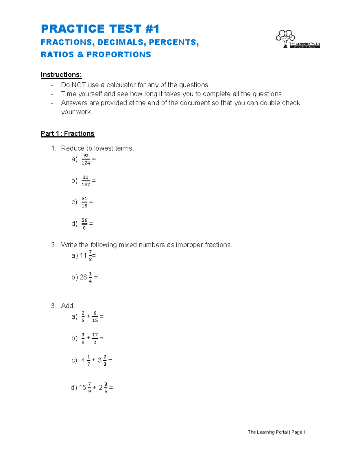 Practice Test 1: Fractions, Decimals, Percents, Ratios & Proportions ...