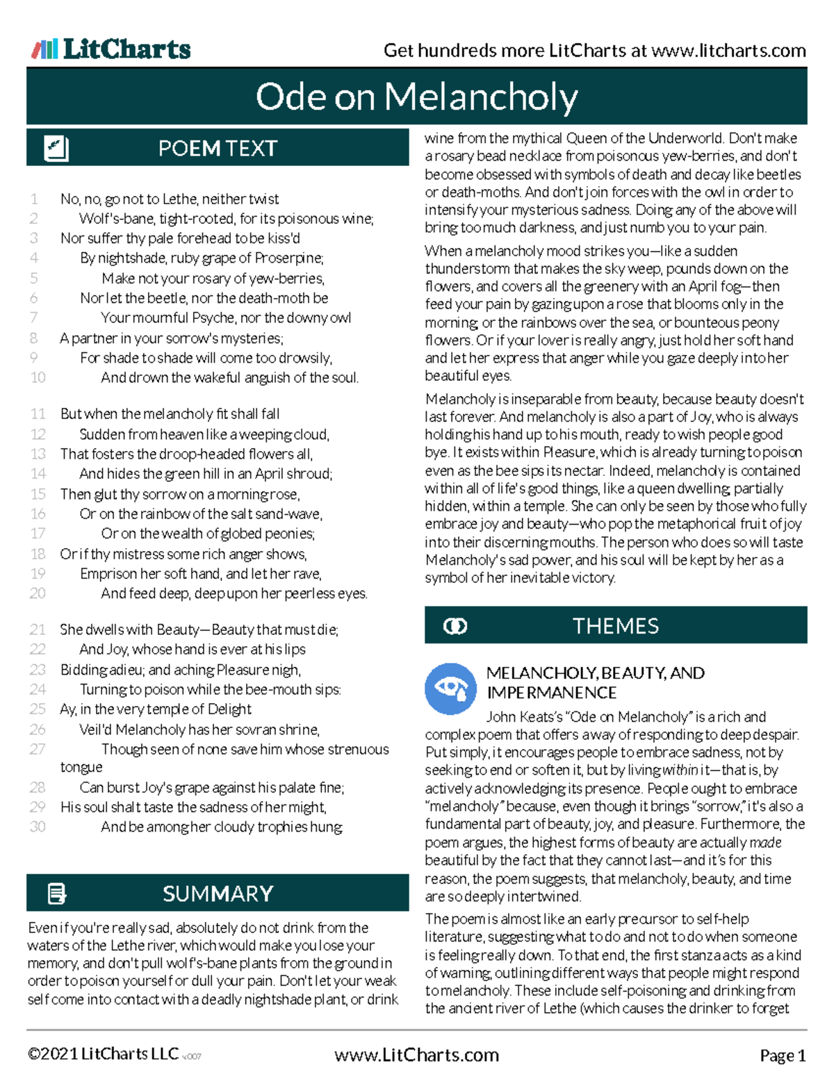 LitCharts Study Guide: Ode on Melancholy Analysis - Studocu
