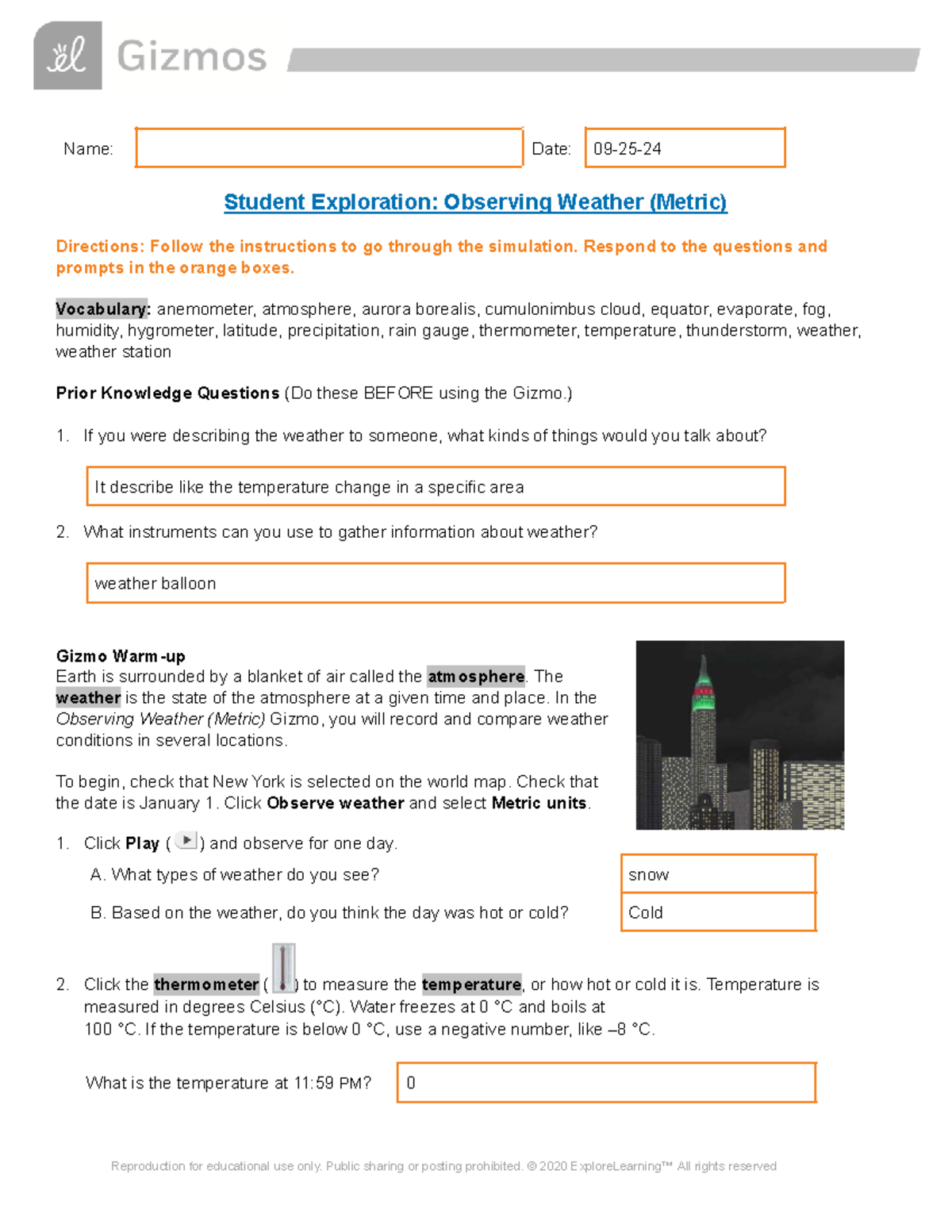Lab Gizmo - Observing Weather (Metric) Exploration Guide - Studocu
