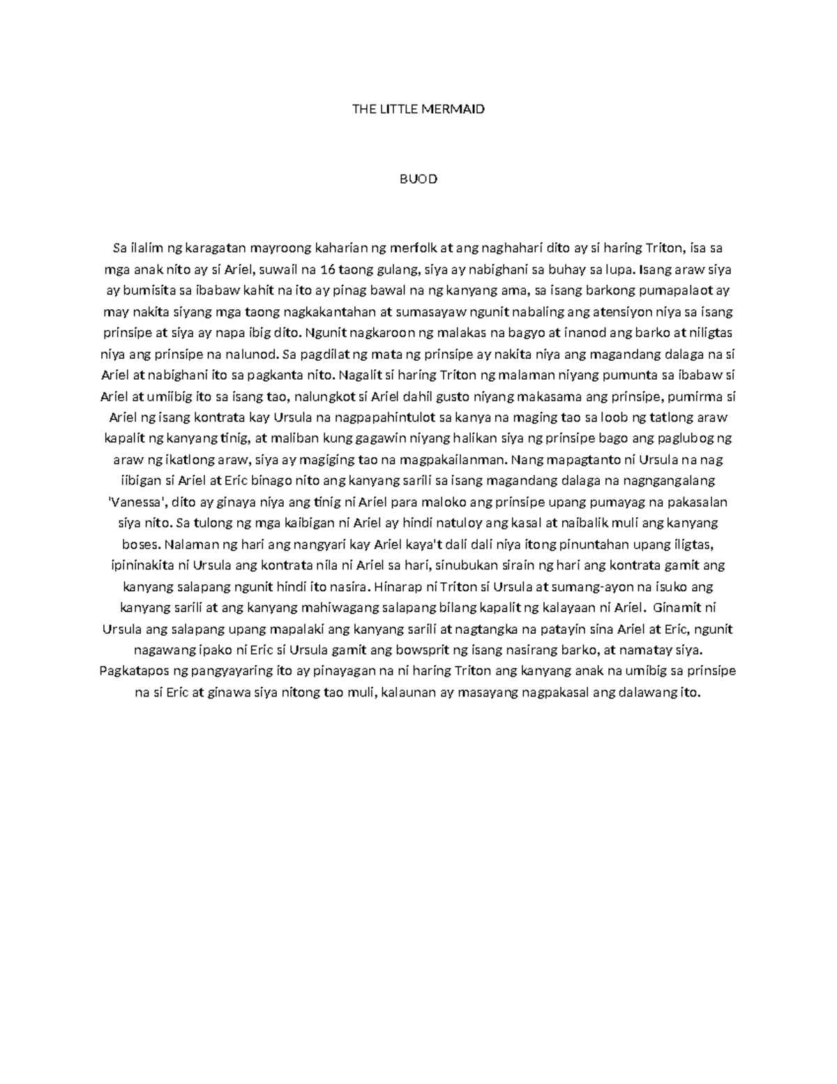 THE LITTLE MERMAID Summary - An Analysis of Ariel's Journey - Studocu