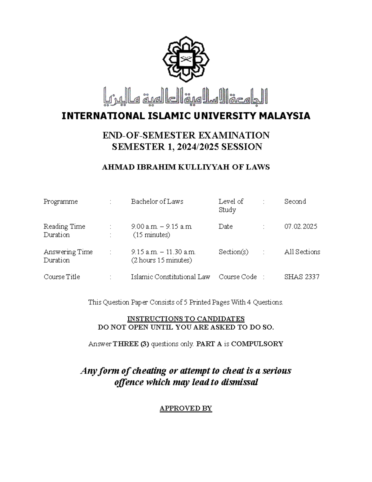 Islamic Constitutional Law Exam Paper SHAS 2337 - Semester 1 2025 - Studocu