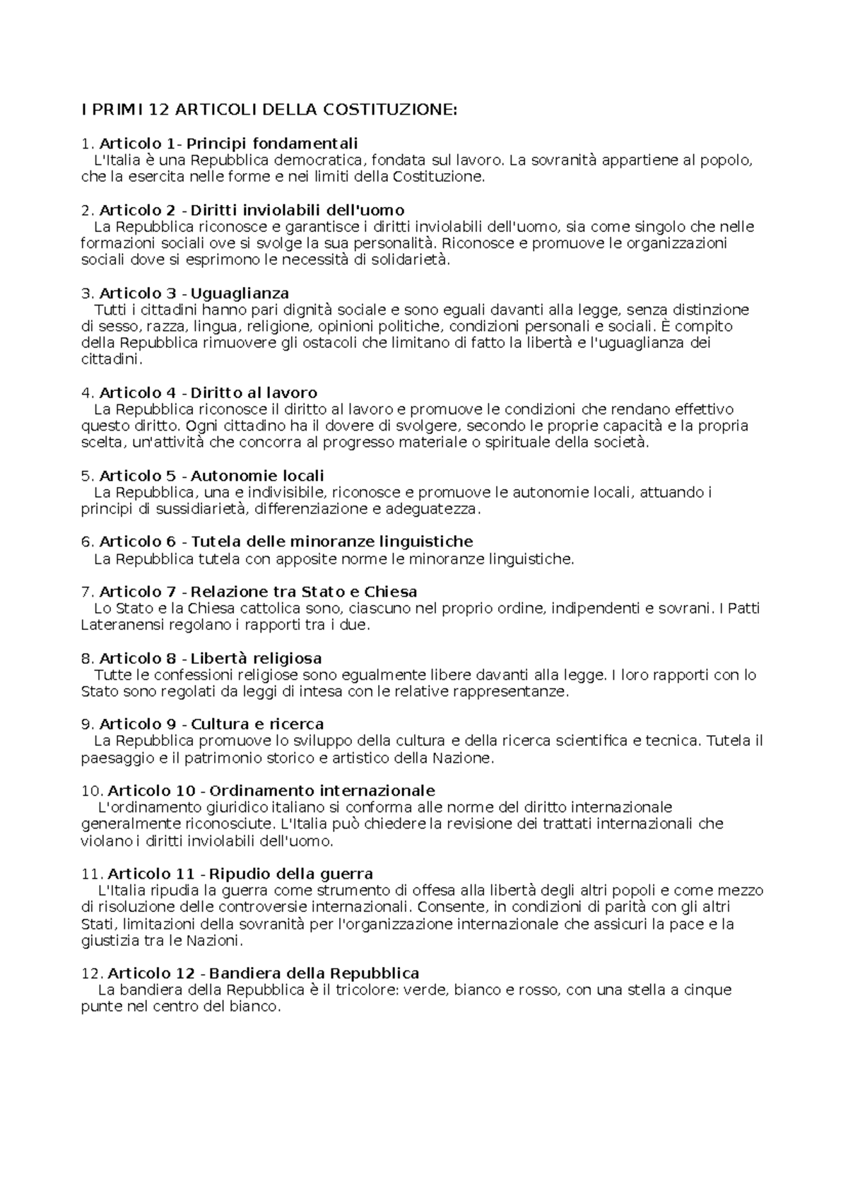 I PRIMI 12 ARTICOLI DELLA COSTITUZIONE: ANALISI E SIGNIFICATO - Studocu