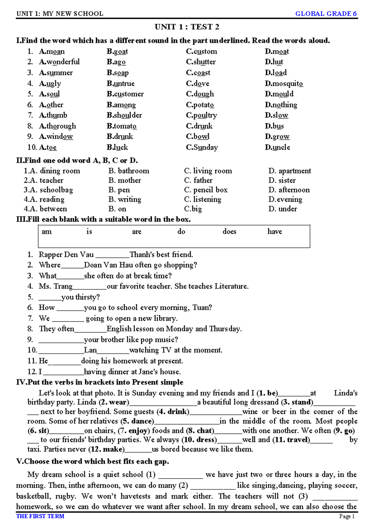 UNIT 1.2: Ôn Tập - Global Grade 6 Test Preparation - Studocu