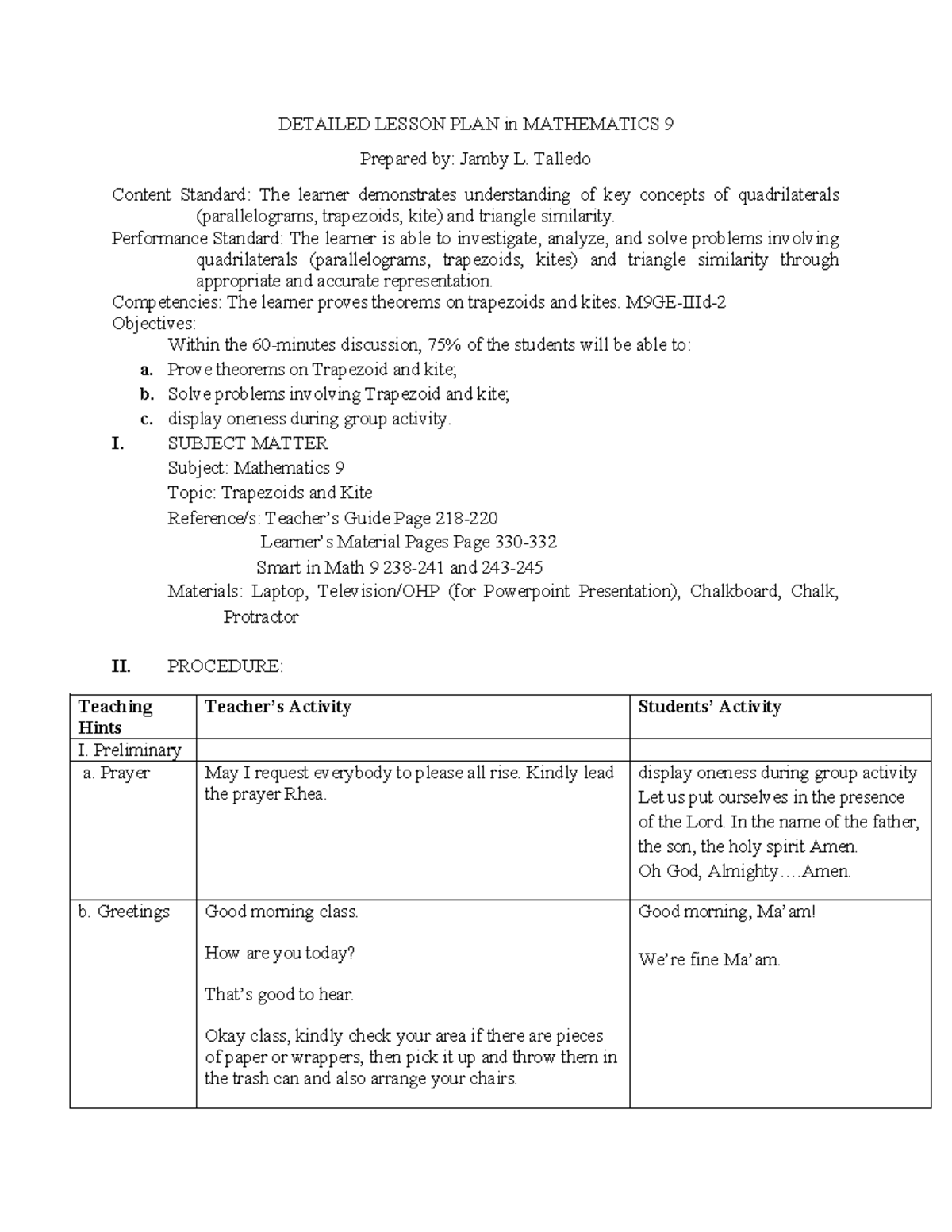 Mathematics 9 Detailed Lesson Plan: Kites and Trapezoids - Studocu