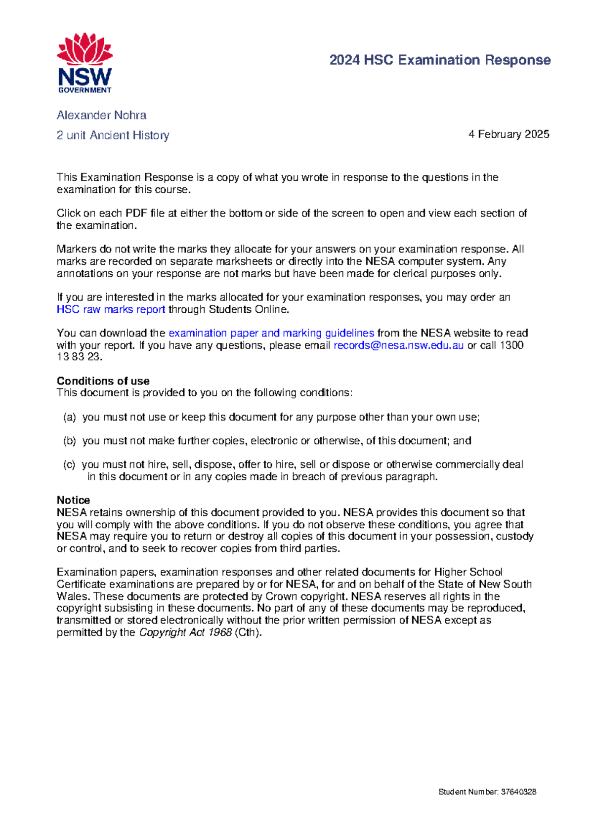 2024 HSC 2 Unit Ancient History Exam Response - Alexander Nohra - Studocu