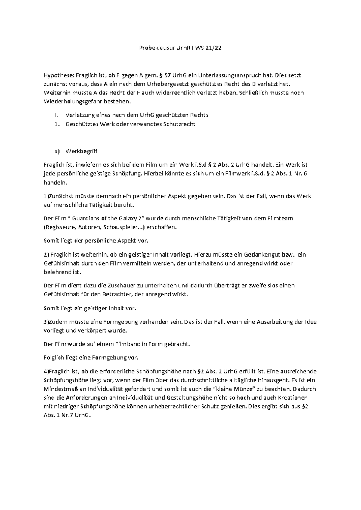 Probeklausur UrhR I: Analyse des Unterlassungsanspruchs nach § 97 UrhG ...
