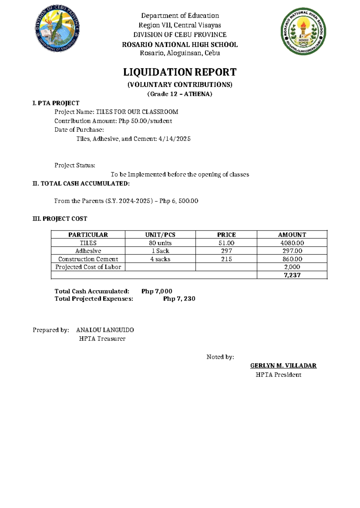 Grade 12 ATHENA Homeroom PTA Project Liquidation Report - Studocu