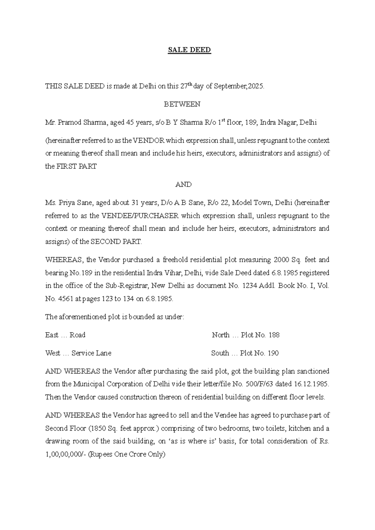SALE DEED - Draft for Residential Property Transfer in Delhi - Studocu