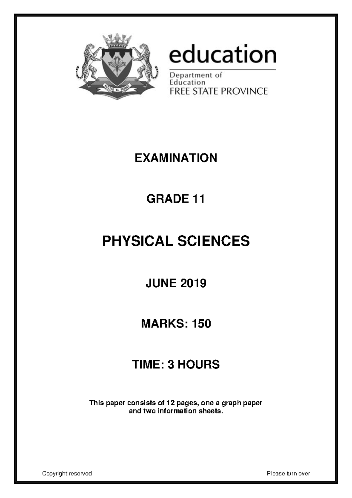 Grade 11 Physical Sciences June 2019 Exam Paper - 150 Marks - Studocu