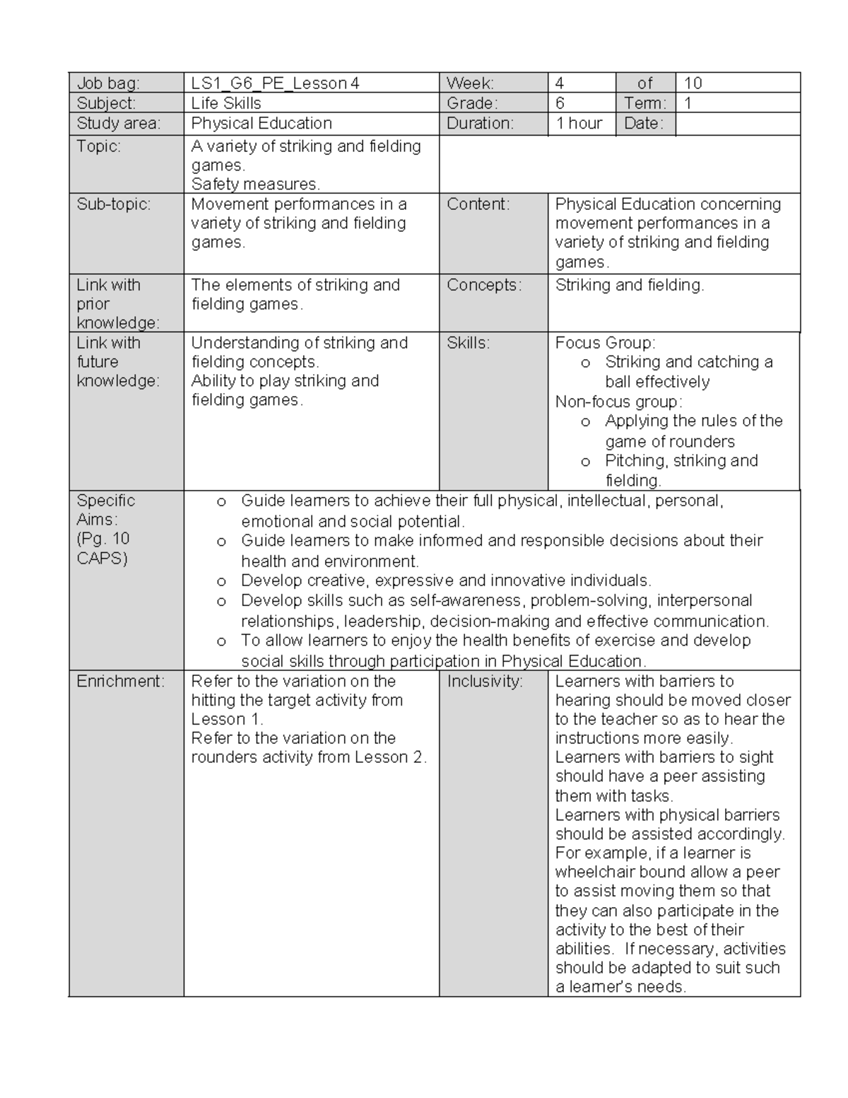 LS1_G6_PE_Lesson 4: Striking and Fielding Games Overview - Studocu