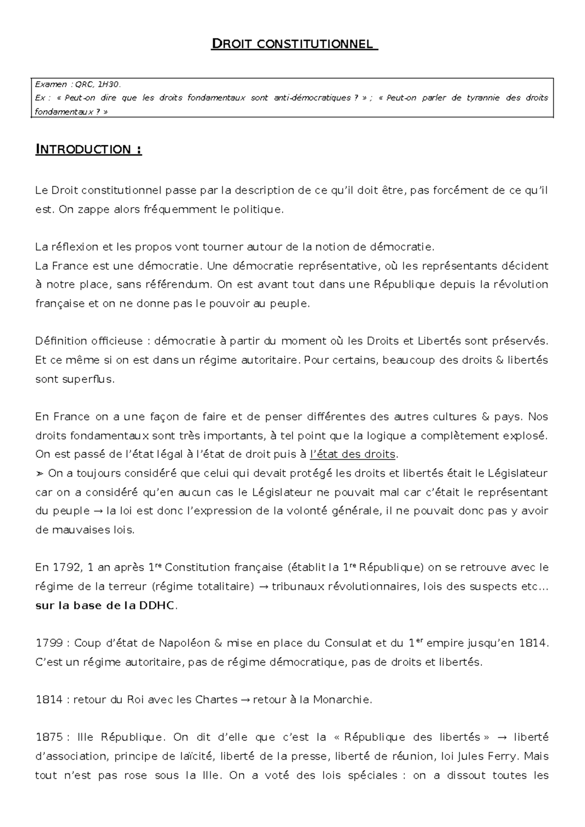 Droit Constitutionnel : Examen QRC sur les Droits Fondamentaux et ...