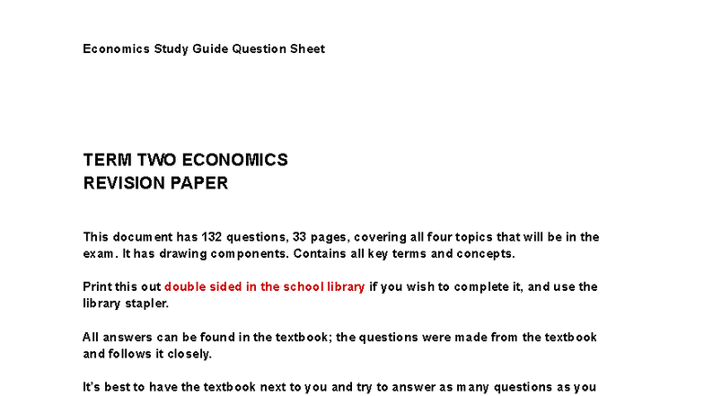 Economics 101: Term Two Revision Guide with 132 Questions - Studocu