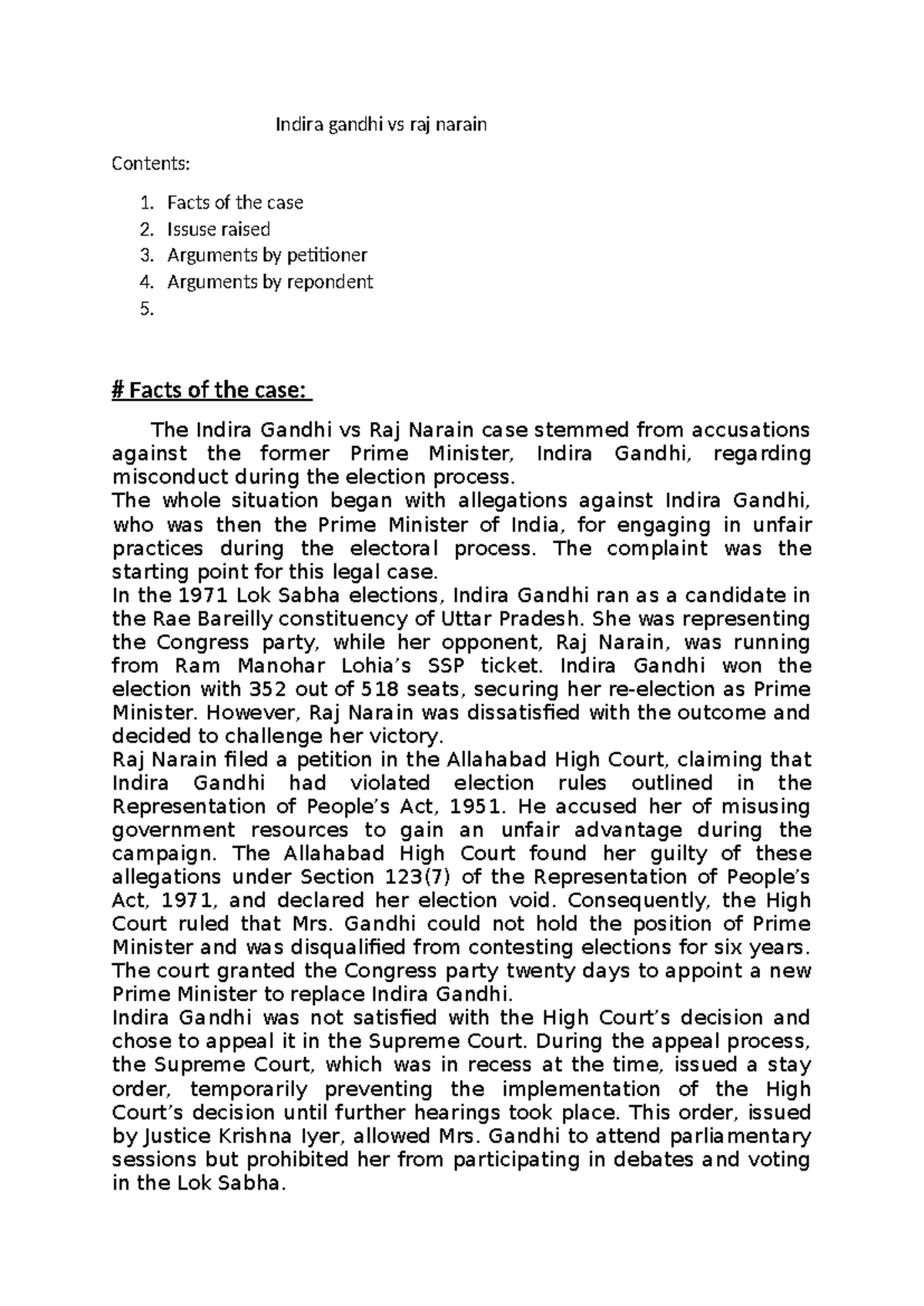 Indira gandhi vs raj narain - Indira gandhi vs raj narain Contents: 1 ...