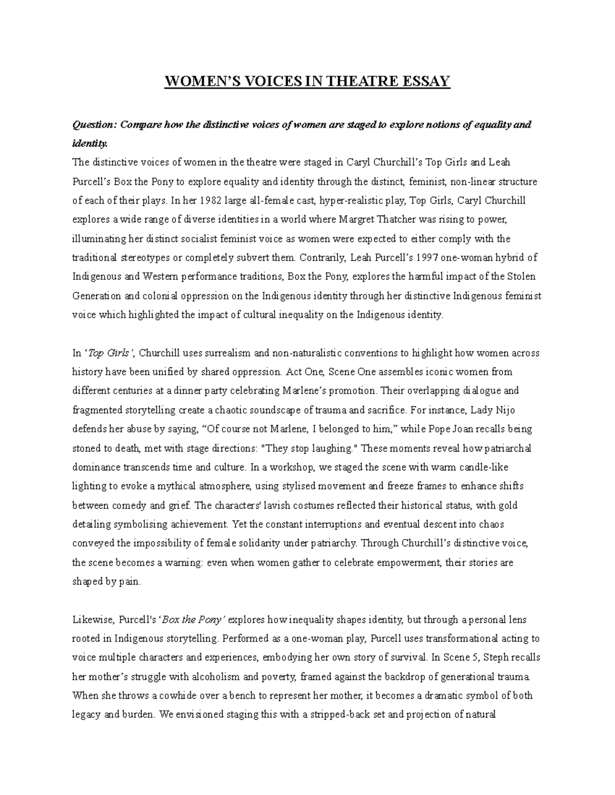 HSC Drama Essay: Voices of Women in Box the Pony & Top Girls - Studocu