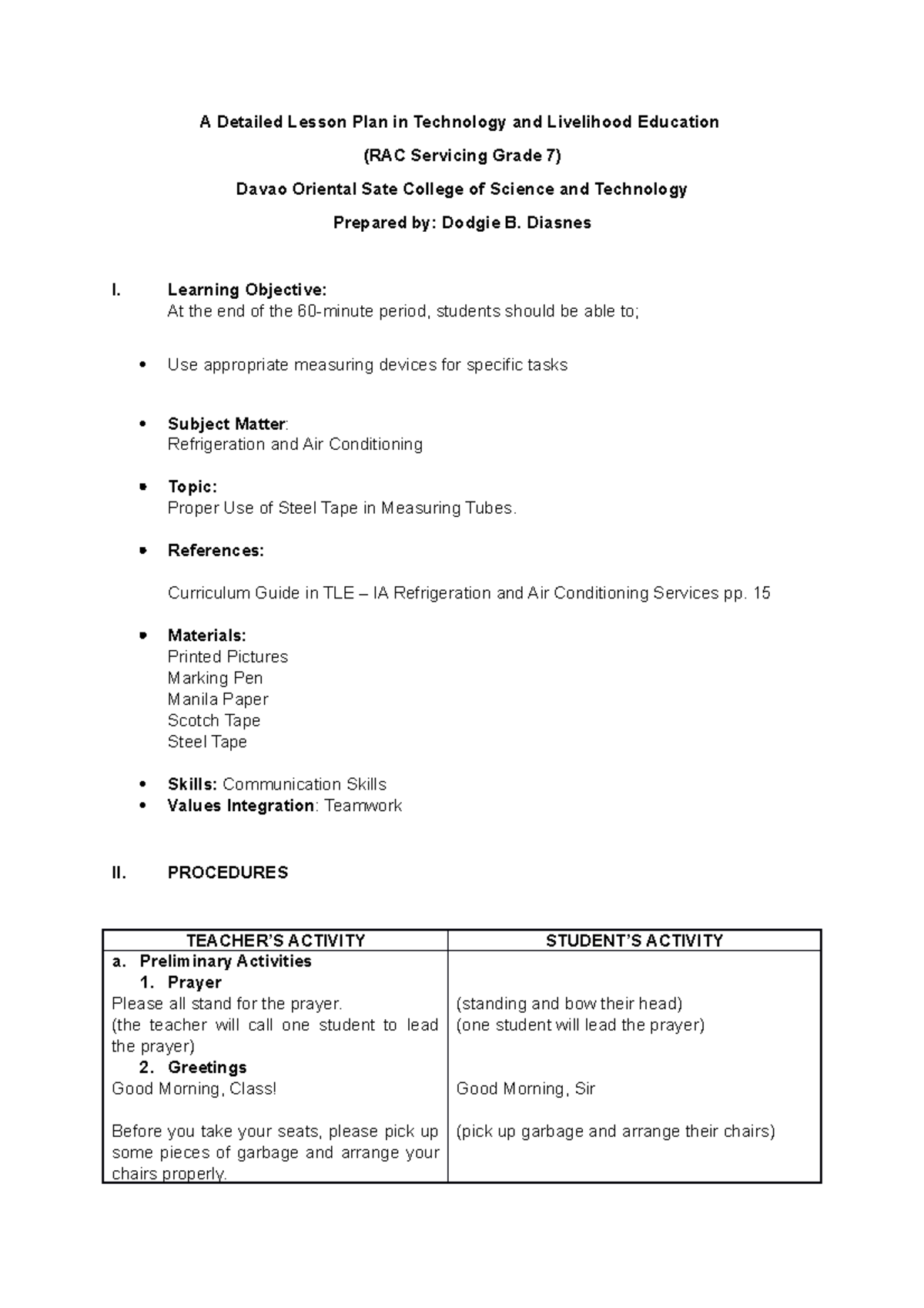 Detailed Lesson Plan in RAC Servicing - A Detailed Lesson Plan in ...