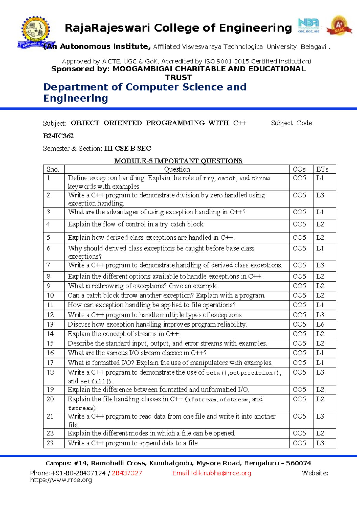 B24IC362 - Important Questions on Exception Handling in OOP - Studocu