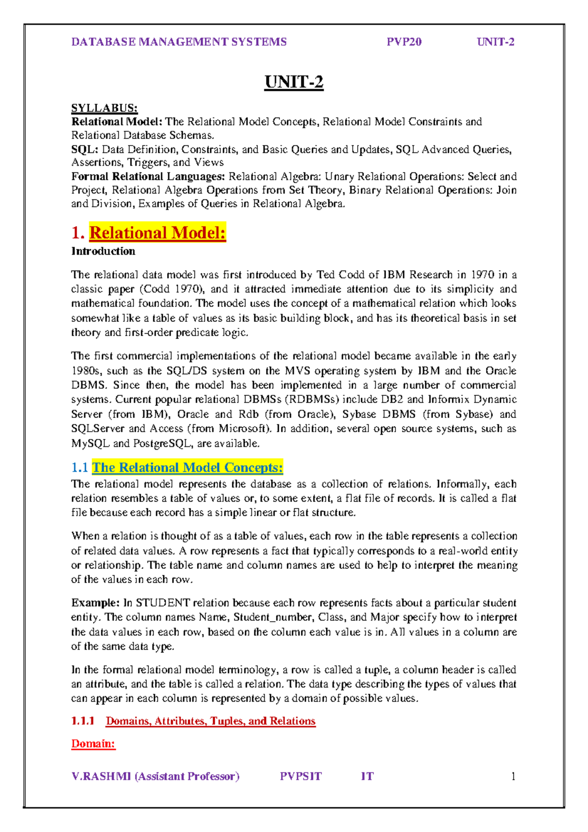 PVP20 DATABASE MANAGEMENT SYSTEMS UNIT 2 SYLLABUS: Relational Model ...