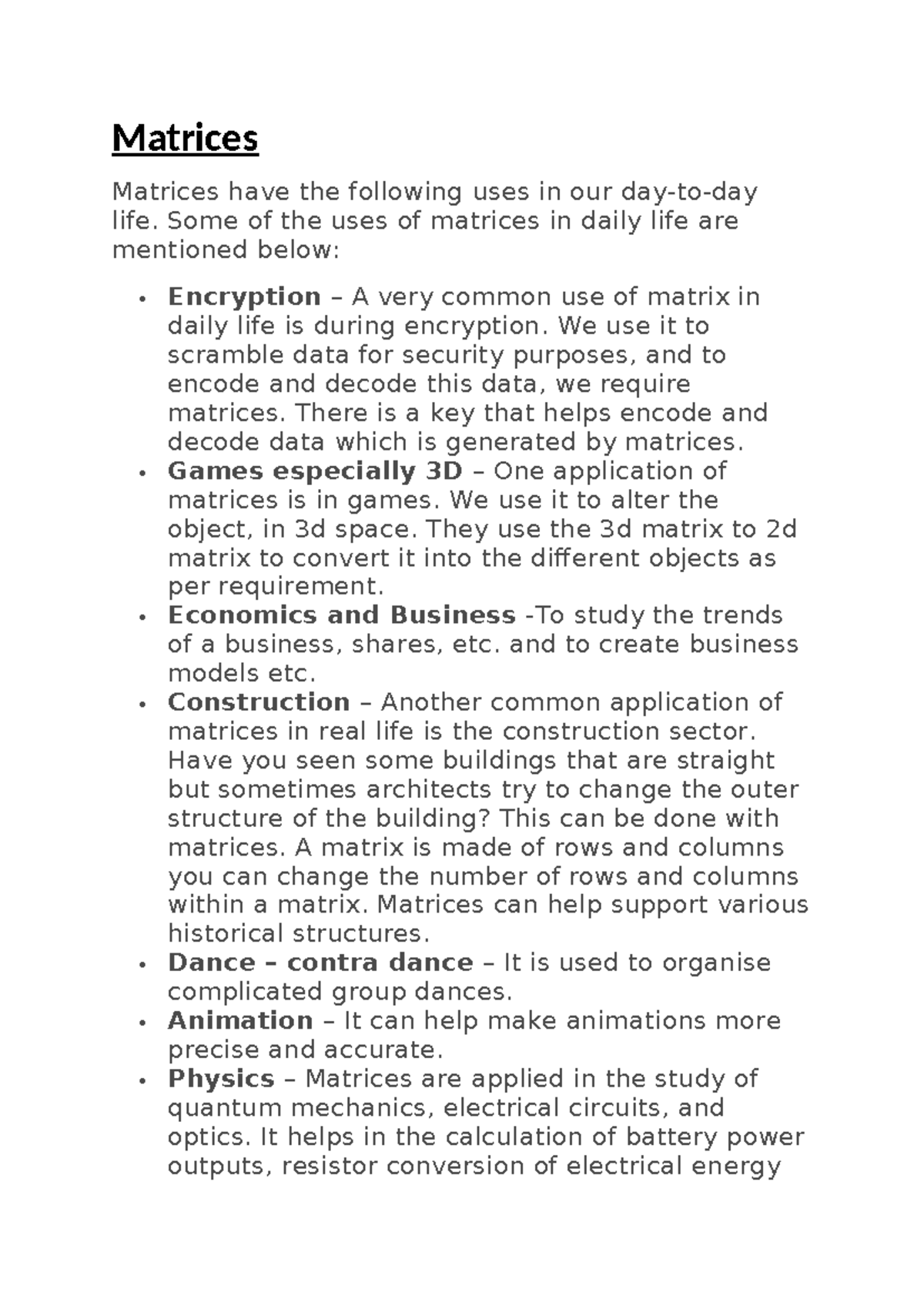 Matrices in Daily Life: Uses & Applications (Lecture Notes) - Studocu