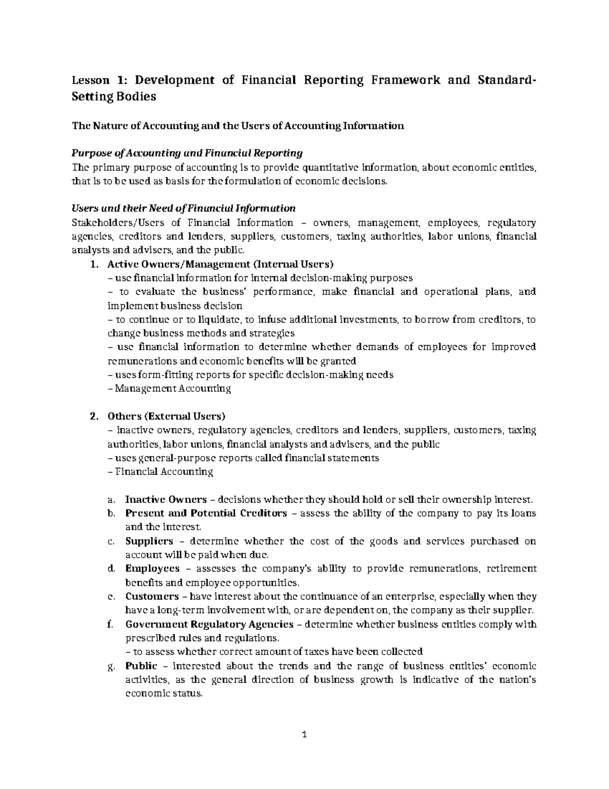 01 Lesson: Development of Financial Reporting Framework & Standards ...