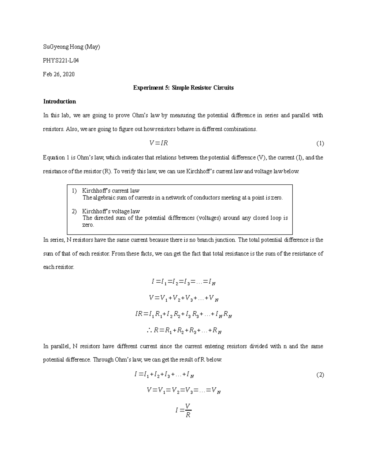 Lab report #5 - Simple Resistor Circuits - SuGyeong Hong (May) PHYS221 ...