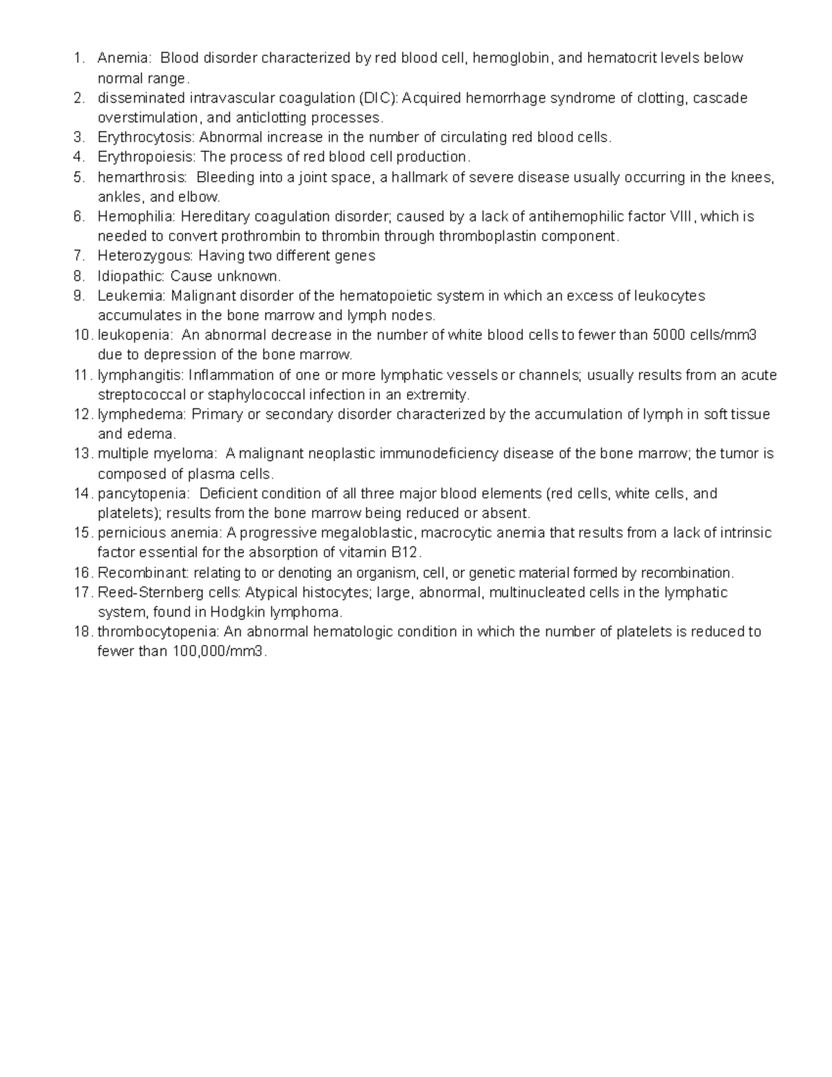 LVN Term 2 Key Terms Ch - Anemia: Blood disorder characterized by red ...