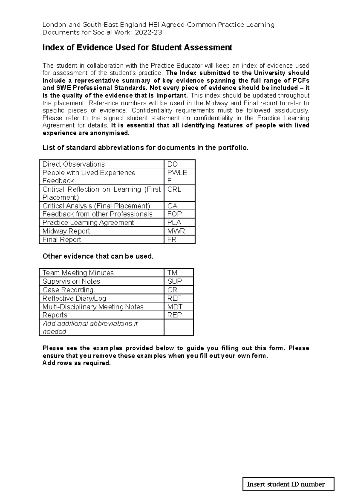 Index of Evidence for Student Assessment: Social Work 2022-23 - Studocu
