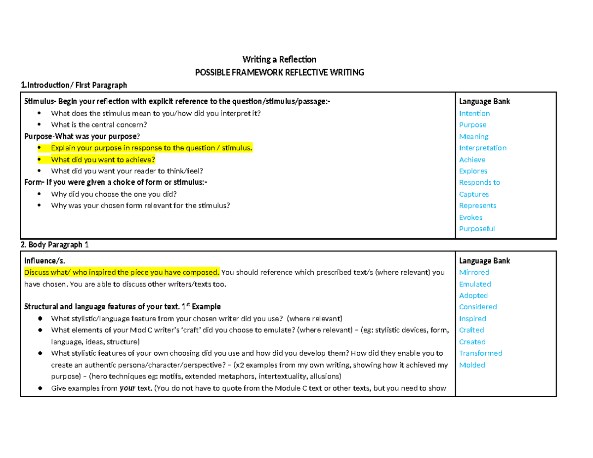 Reflection Framework for Writing: Generic Scaffold 2025 - Studocu