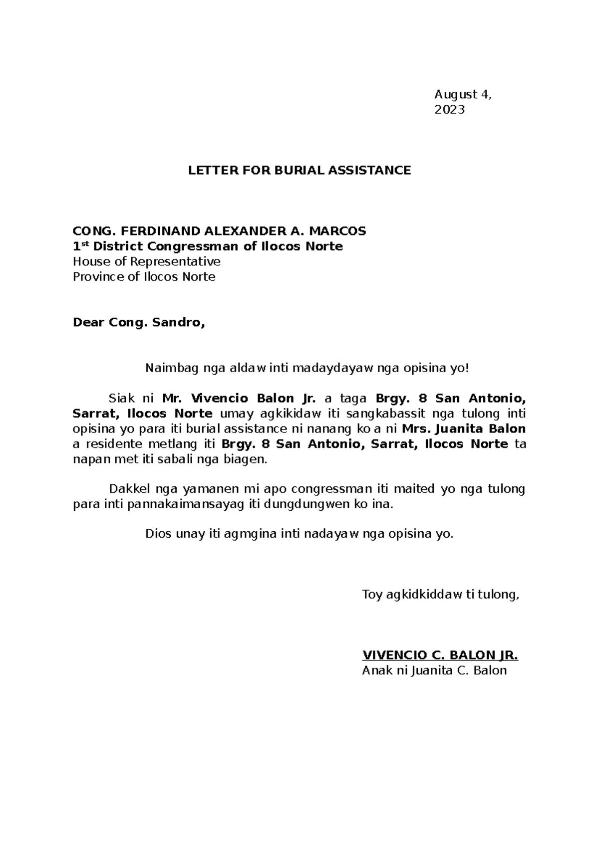 Burial Assistance Request Letter - August 2023 - Studocu