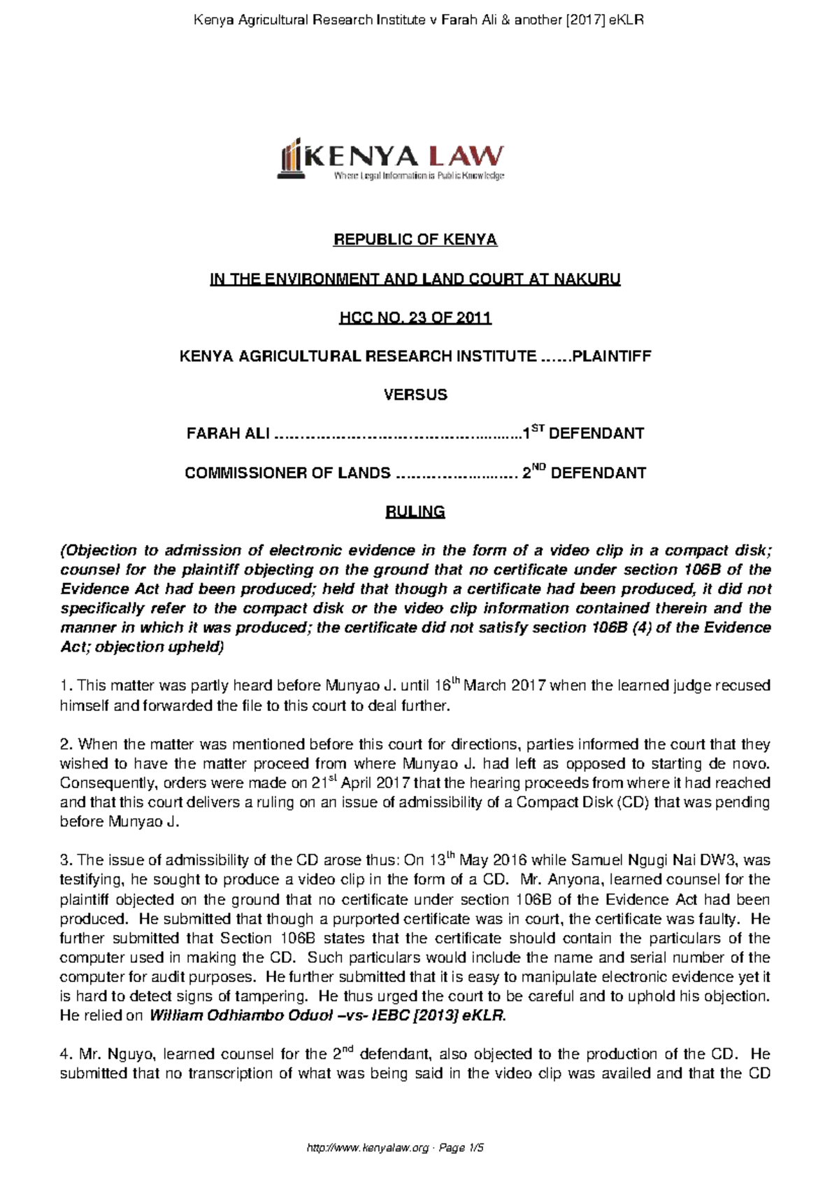 KARI 23/2011: Ruling on Admissibility of Electronic Evidence - Studocu