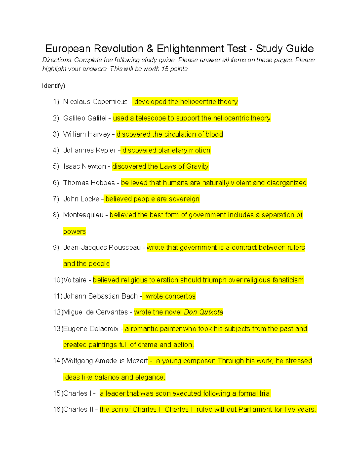 Copy of European Revolution & Enlightenment Test - Study Guide ...
