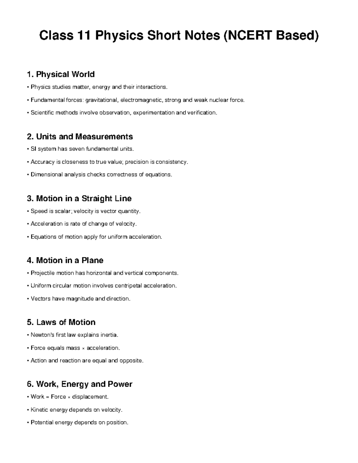 Class 11 Physics Short Notes: Key Concepts & Definitions - Studocu
