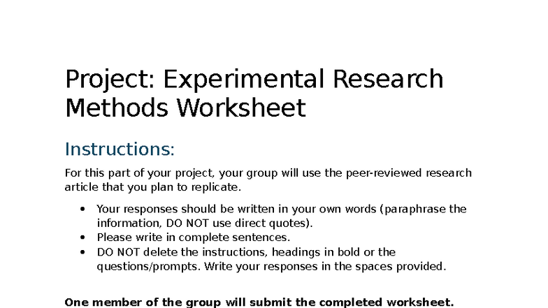 Experimental Research Methods Worksheet (PSY 101) - Studocu
