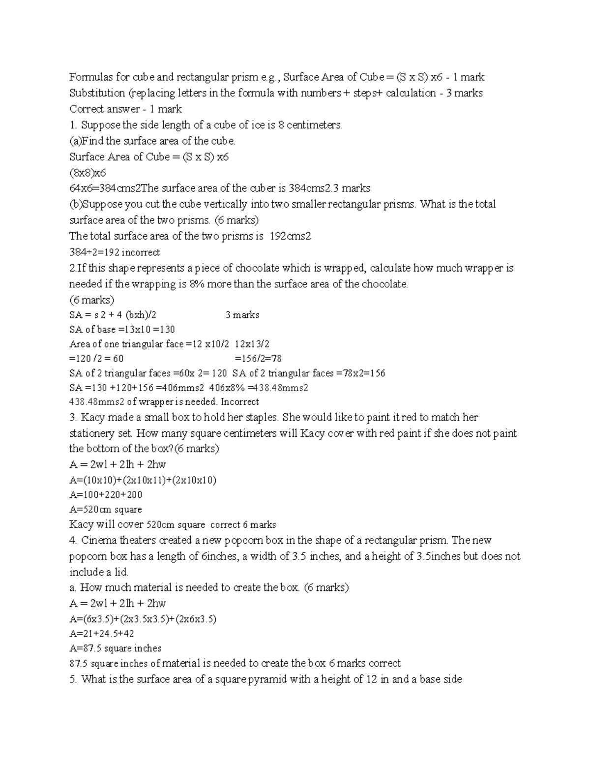 Surface Area Quiz - Formulas for Cube & Rectangular Prism - Studocu