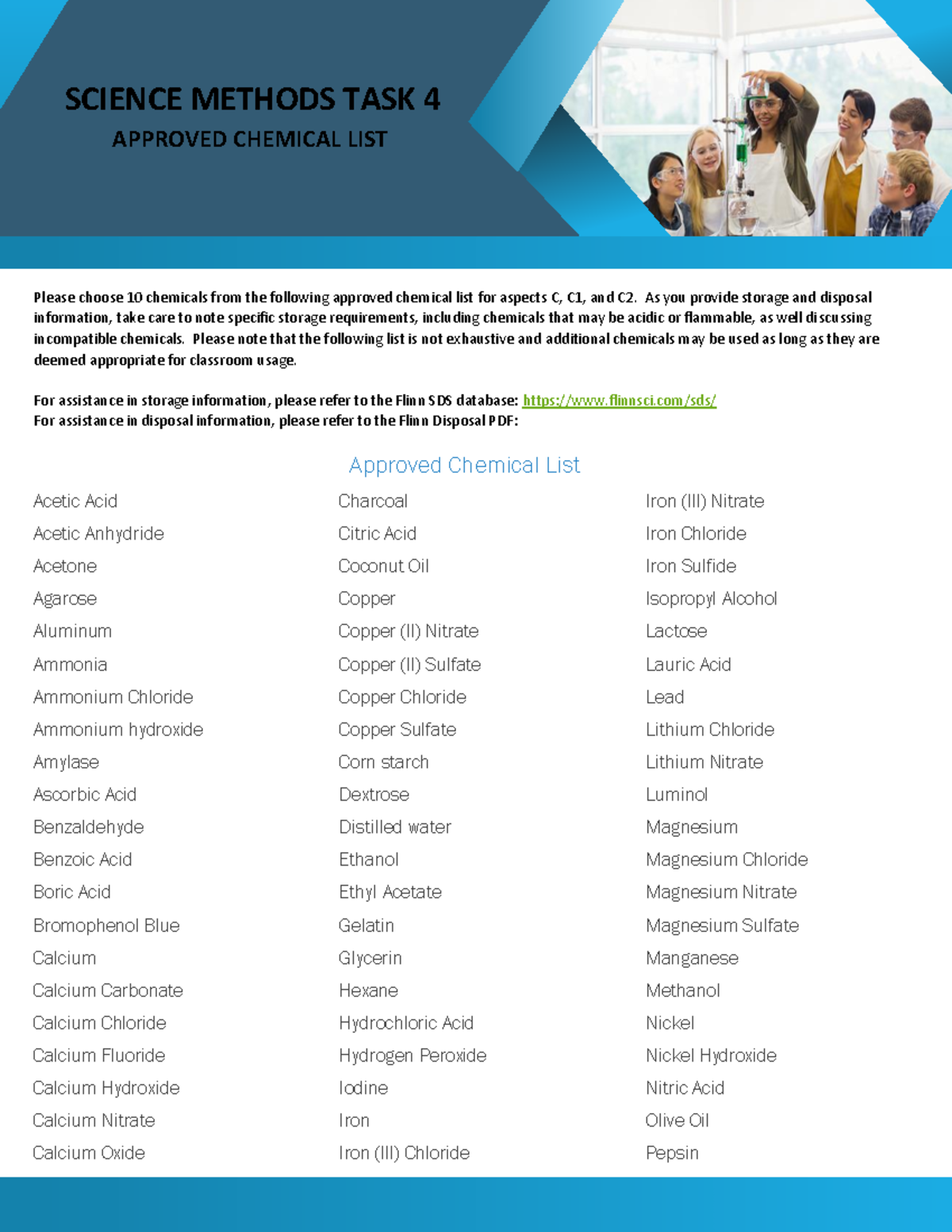 SCIENCE METHODS TASK 4: Approved Chemical List for Classroom Use - Studocu