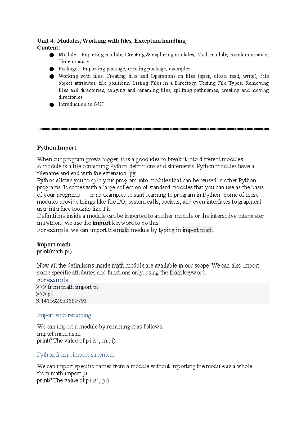 Unit 4 Modules Working with files Exceptional handling - Unit 4 ...