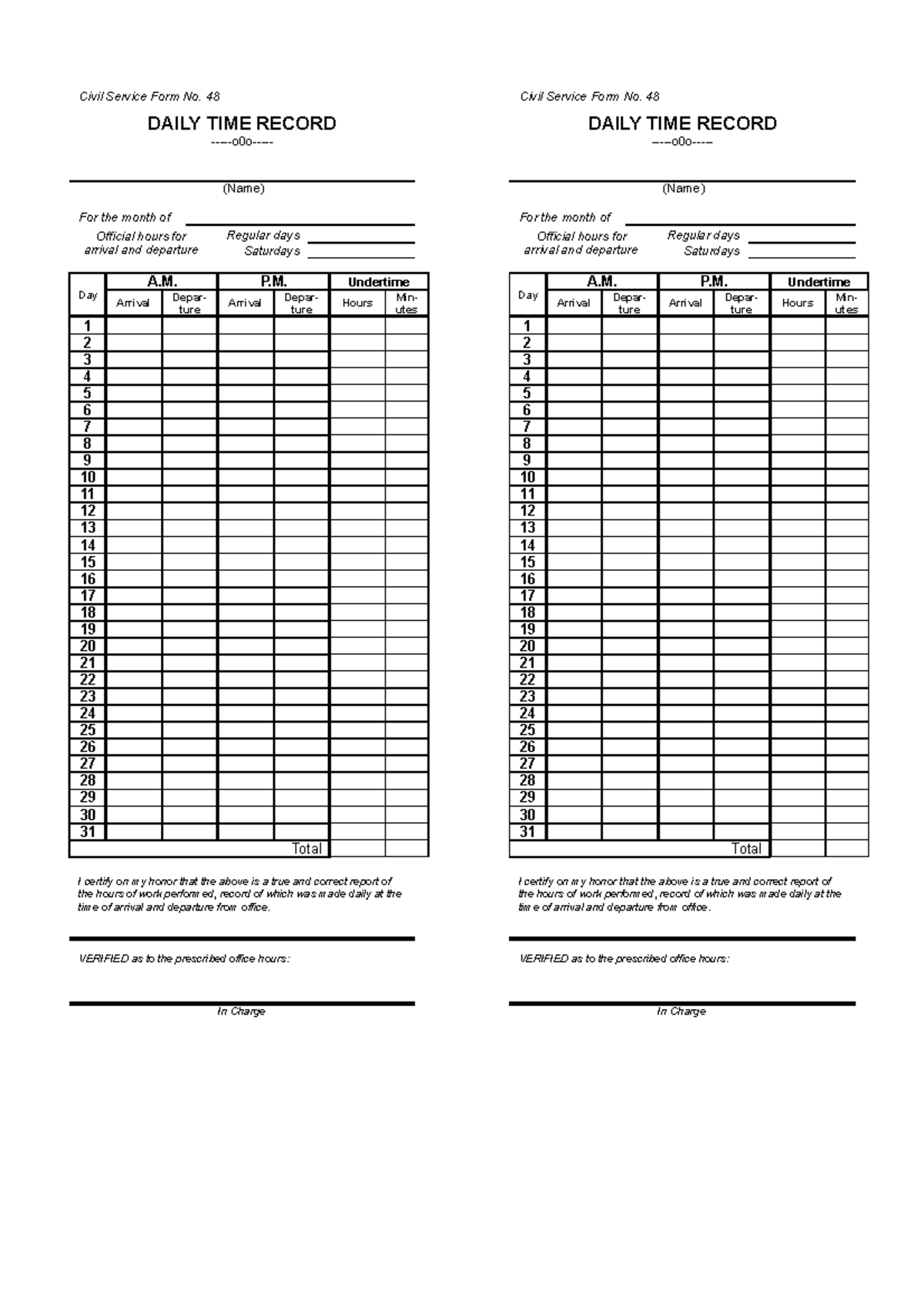 Appendix 24 - Daily Time Record (DTR) - Civil Service Form No. 48 DAILY ...