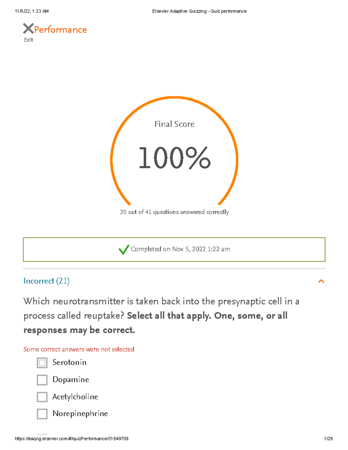 Elsevier Adaptive Quizzing - Quiz performance 3 - ####### Exit Performance Final Score 100% ...