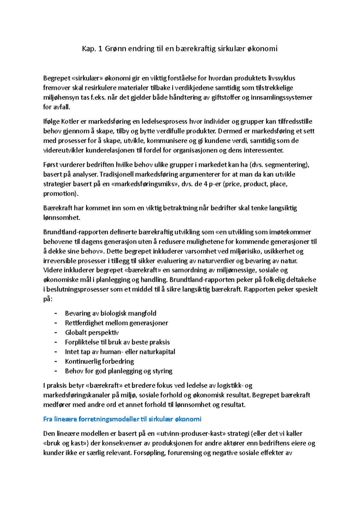 Sammendrag kap. 1 - Relevant eksamensstoff om kapitlet om ``Grønn endring til en bærekraftig ...