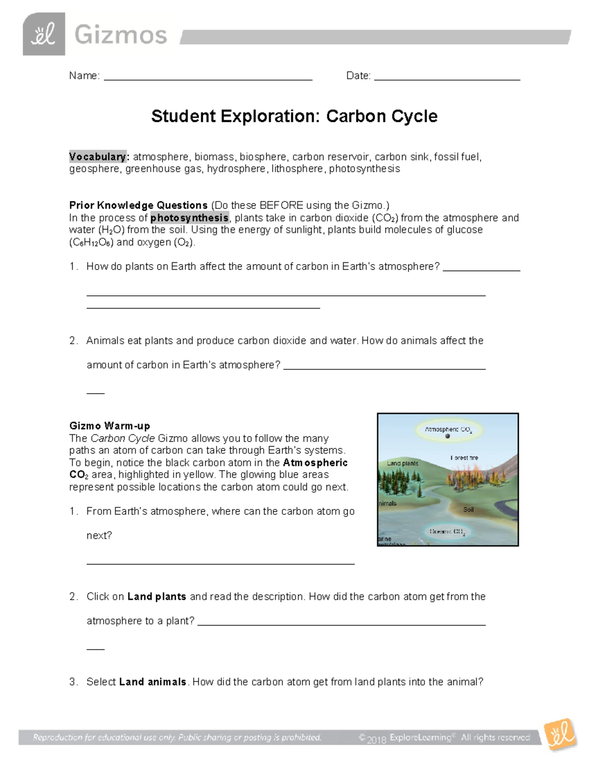 Carbon cycle gizmo wkst - Name: Date: Student Exploration: Carbon Cycle ...