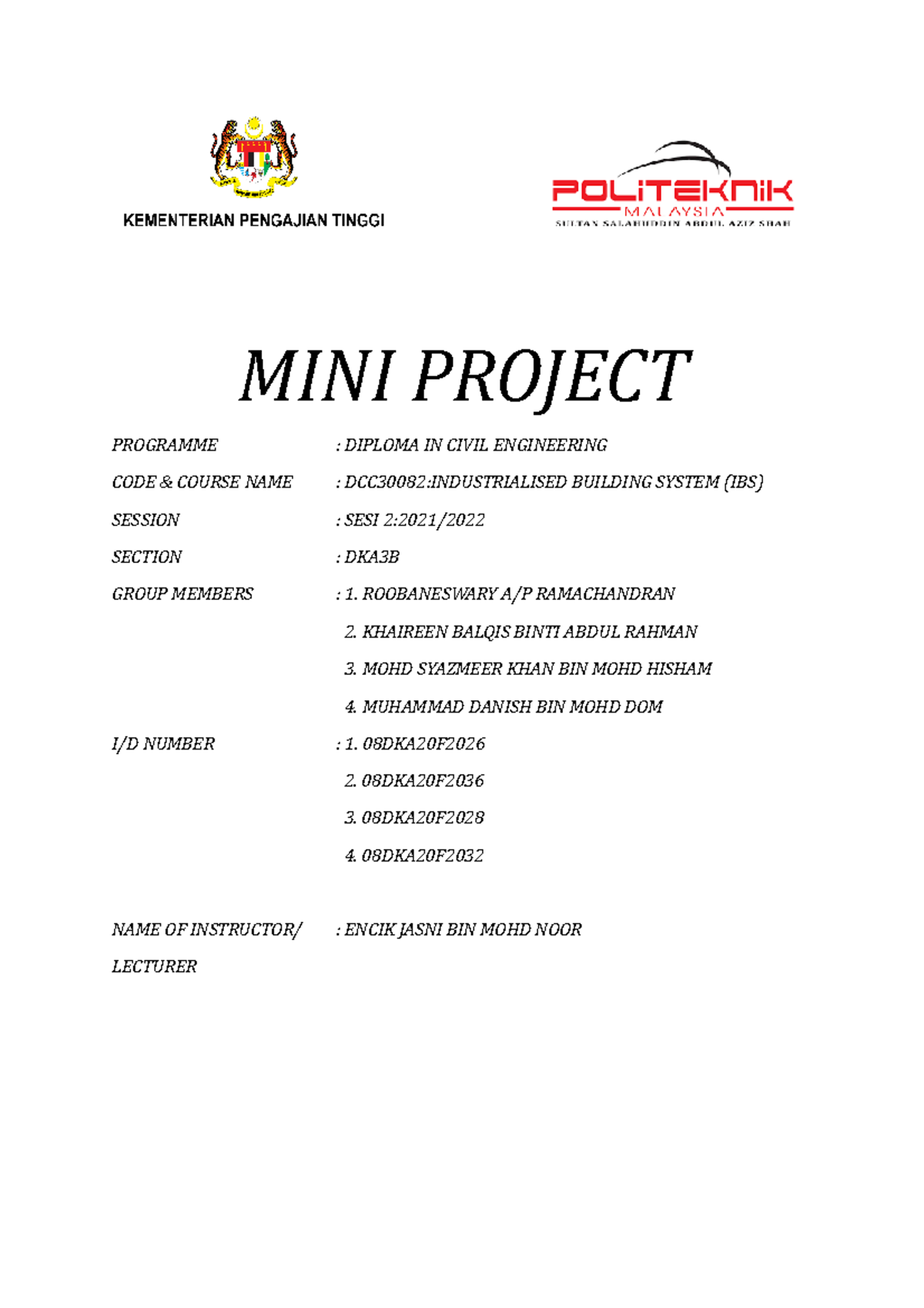 Group 4 mini project report - MINI PROJECT PROGRAMME : DIPLOMA IN CIVIL ...