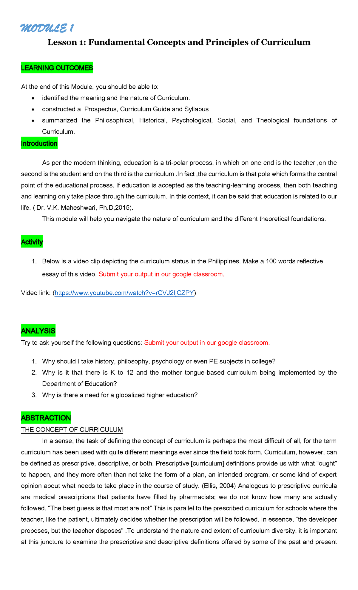 MODULE 1 Lesson 1: Understanding Curriculum Concepts and Foundations ...