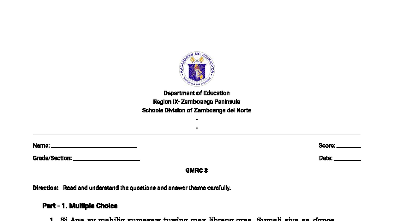 Q1 GMRC 3 Grade 3 Quiz - Multiple Choice Questions - Studocu