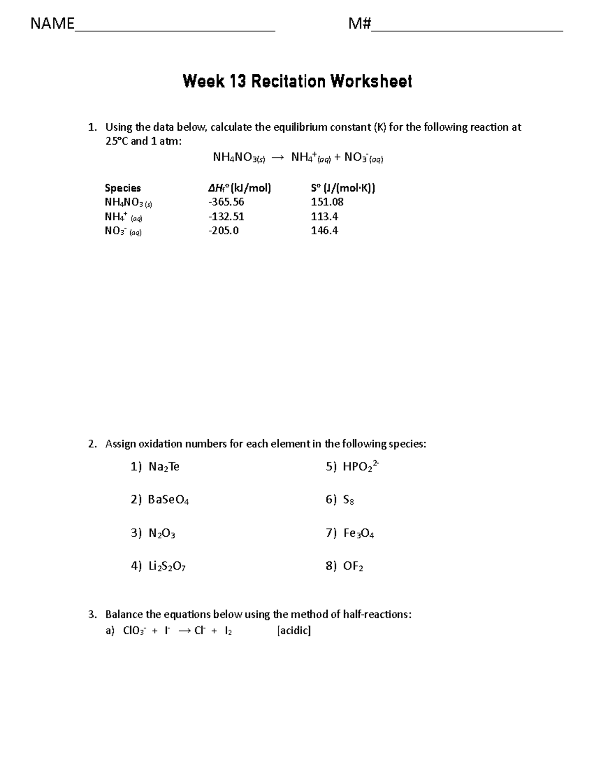Week 13 recitation worksheet: Equilibrium constant calculations - Studocu