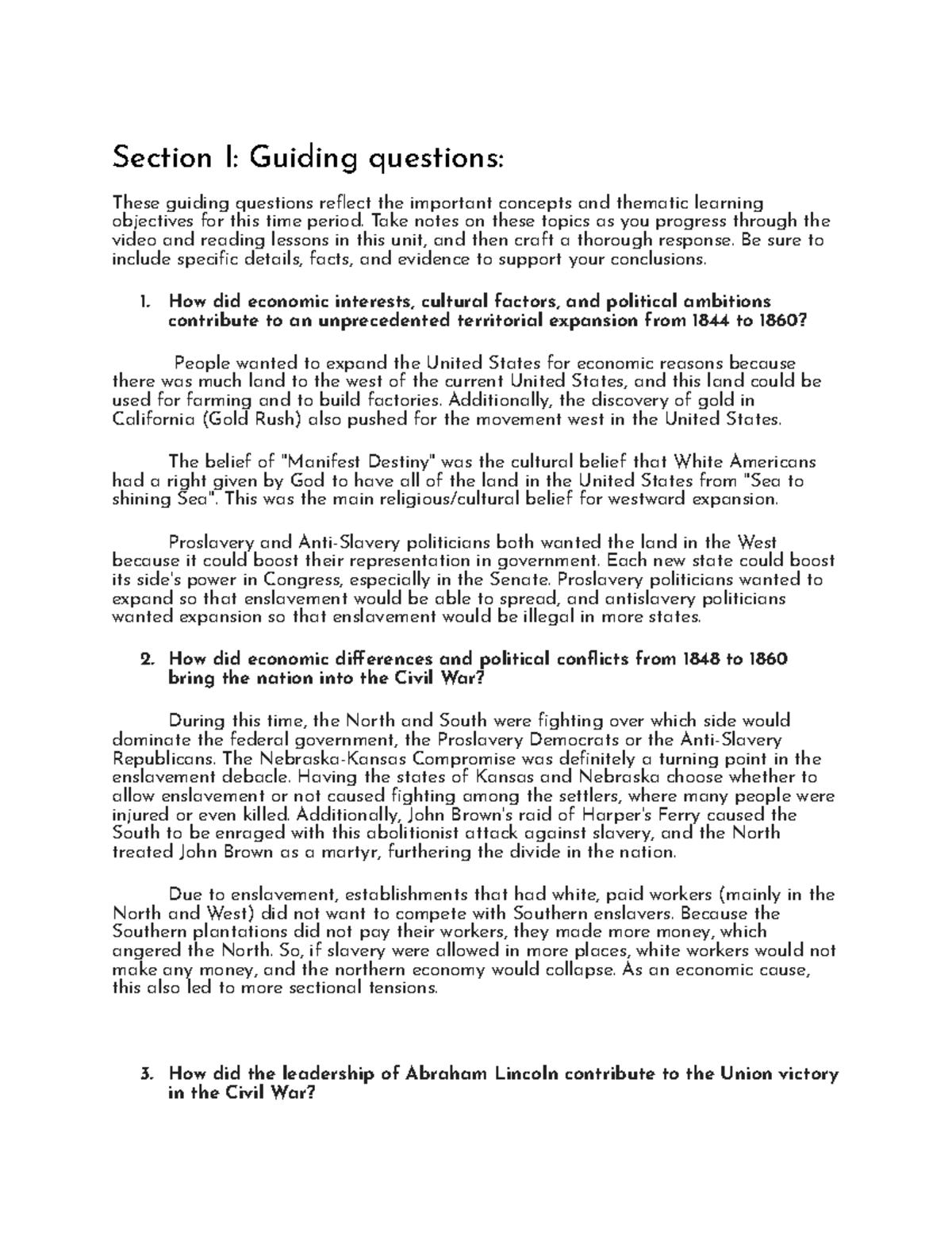 Unit 5: Guiding Questions & Key Terms on 1844-1865 Expansion and Civil ...